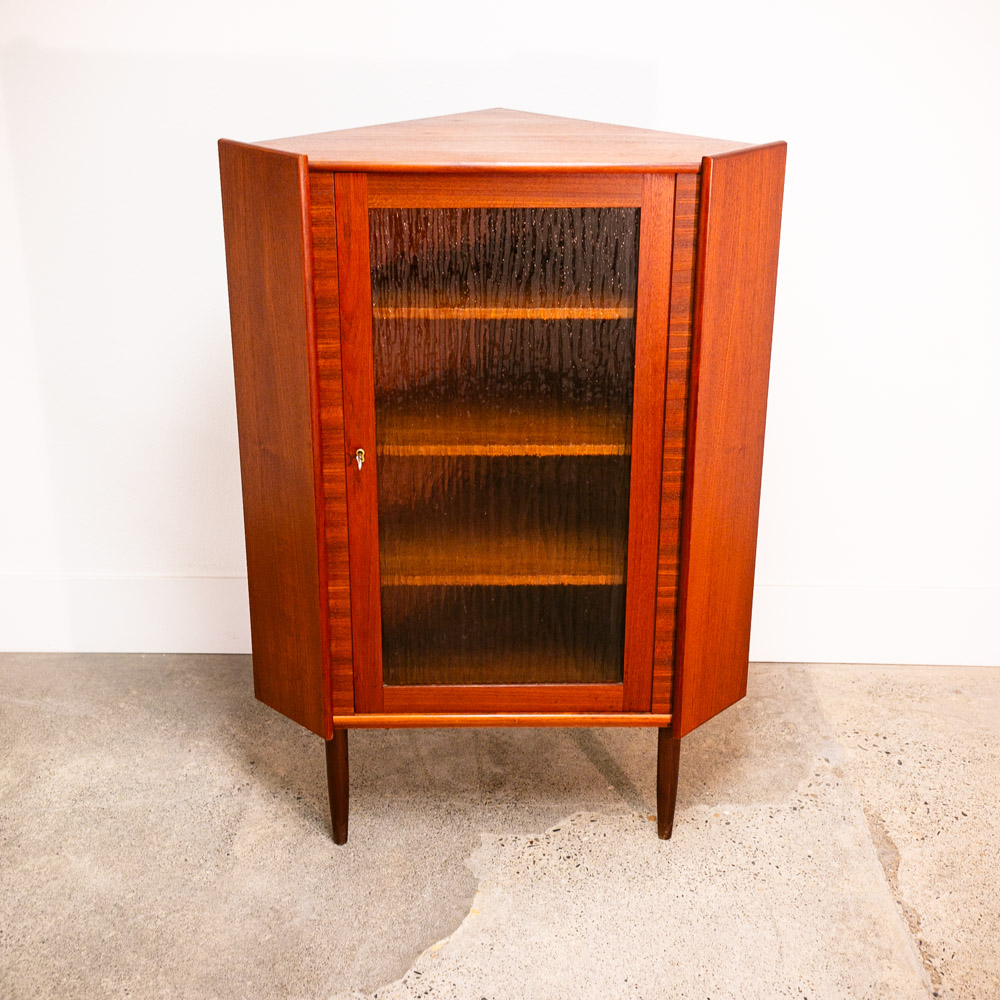 Mid Century Danish Modern Corner Cabinet Teak Wood Bar Denmark Glass ...