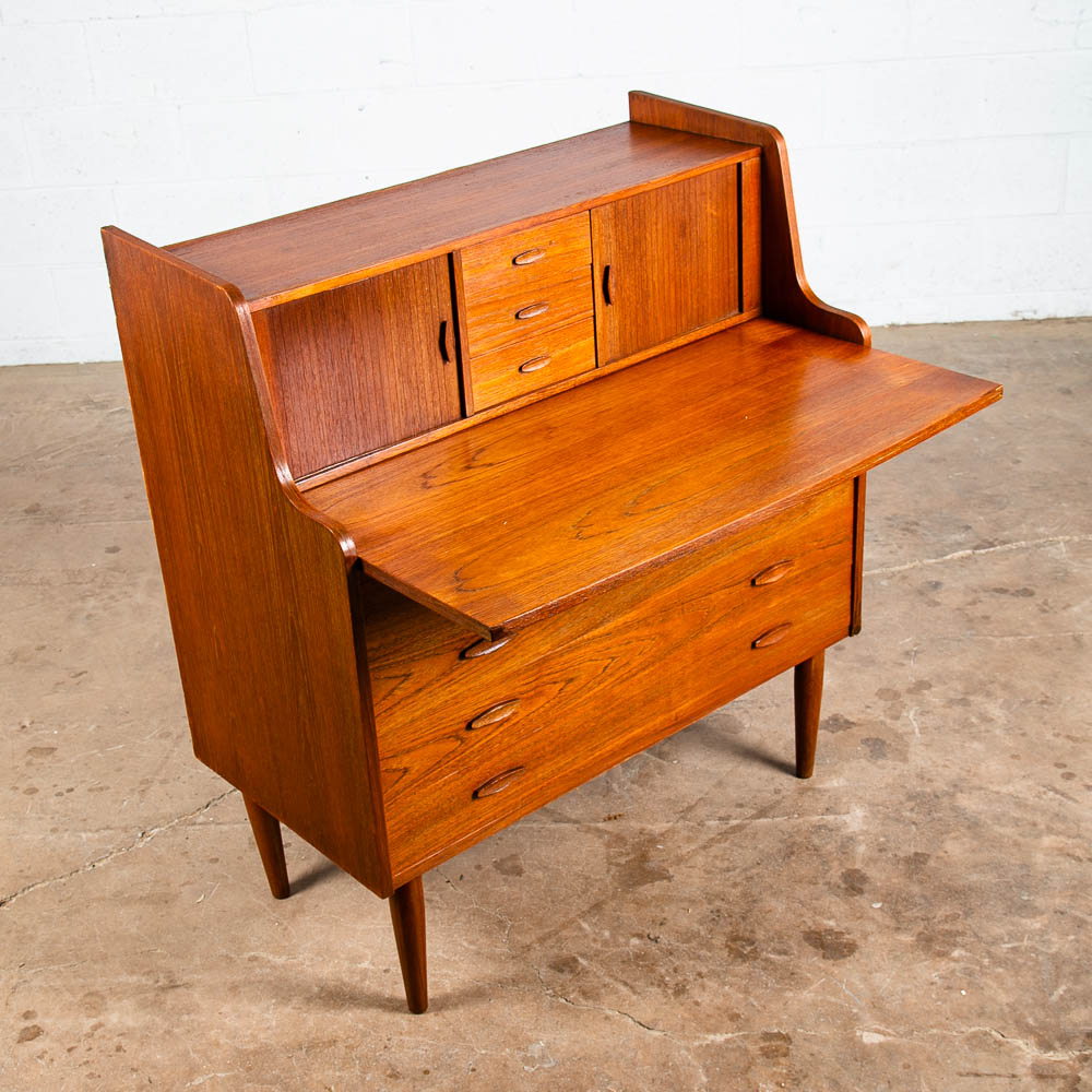 Mid Century Modern Secretary Desk Teak Tambour Doors Drawers Vanity ...