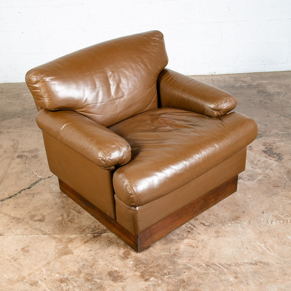 Mid Century Modern Lounge Chair Brown Leather 70s 80s Platform Vintage ...