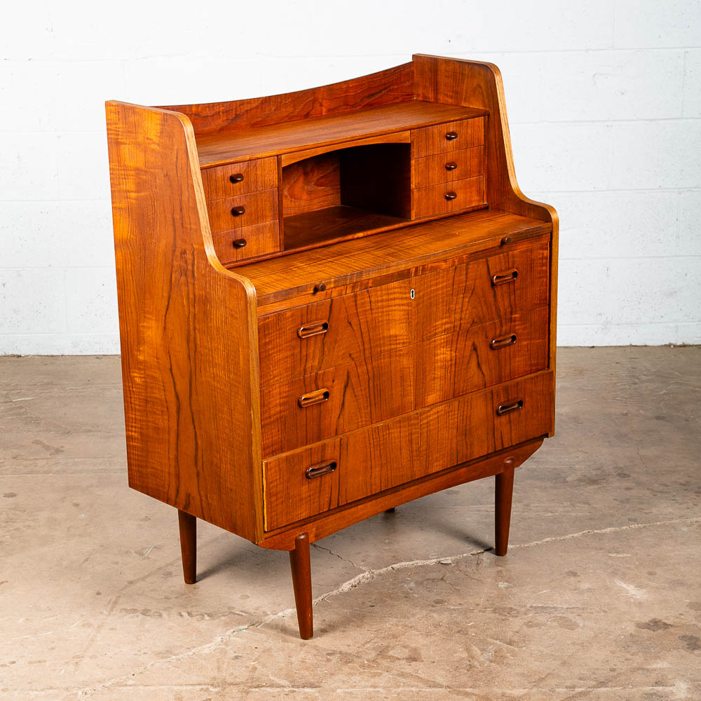 Mid Century Modern Secretary Desk Teak 6 Drawers Vanity Denmark Sliding ...