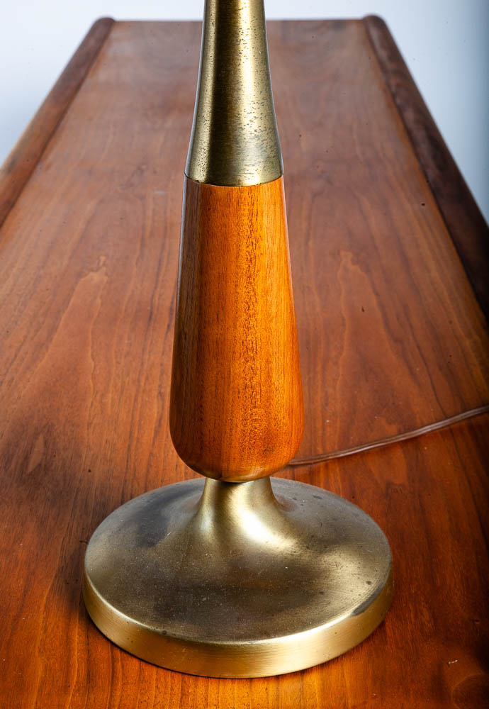 Mid Century Modern Table Lamp Solid Walnut Wood Brass Gold Round Light ...