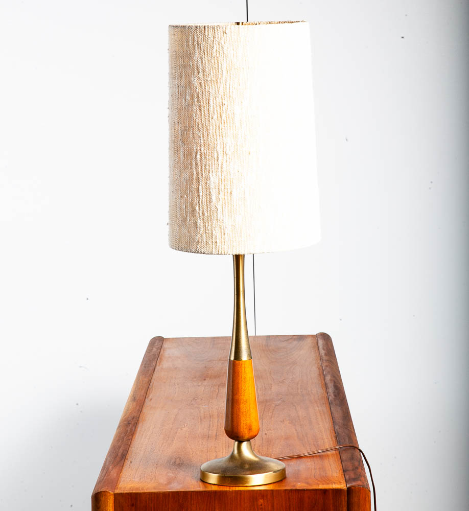 Mid Century Modern Table Lamp Solid Walnut Wood Brass Gold Round Light ...