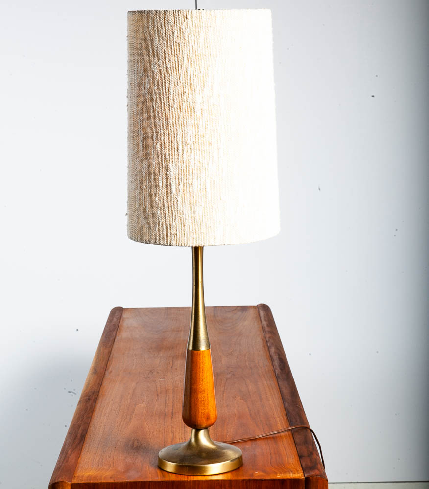 Mid Century Modern Table Lamp Solid Walnut Wood Brass Gold Round Light ...