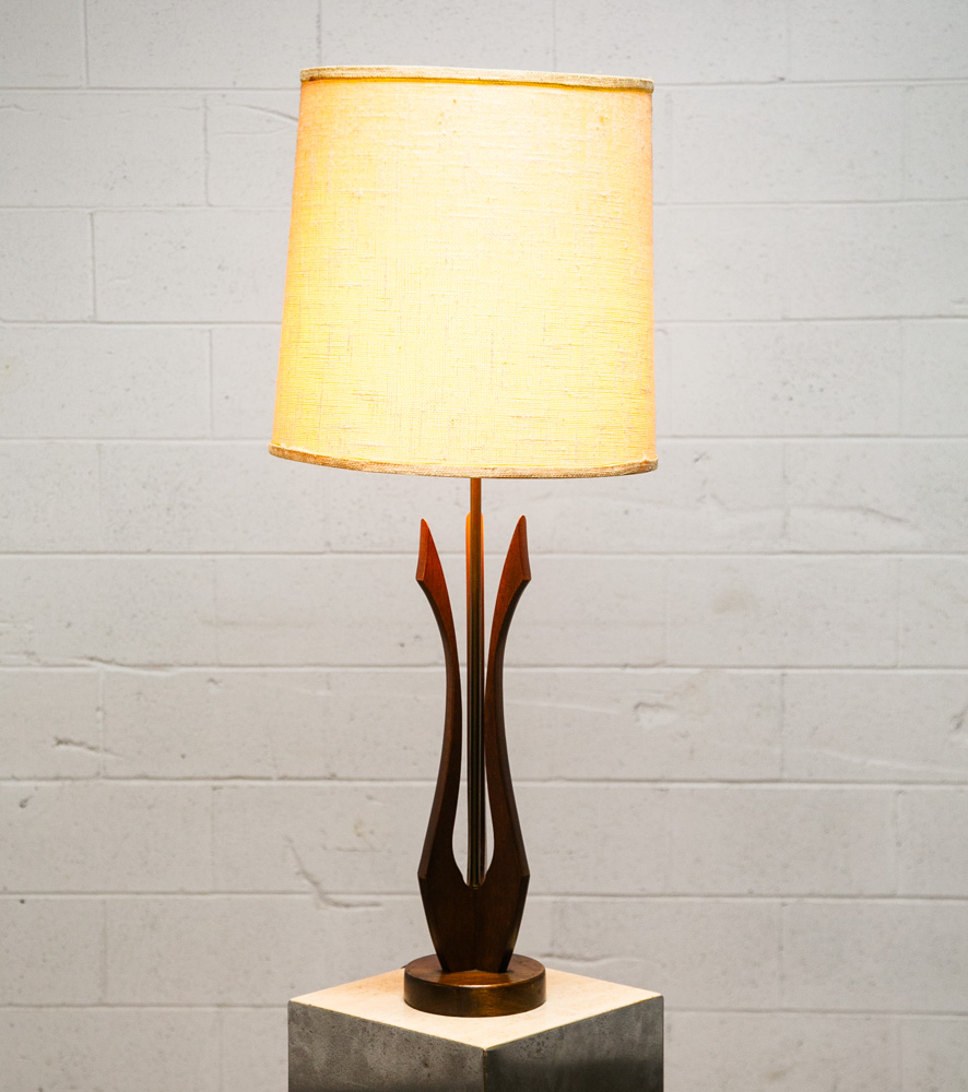 Mid Century Modern Table Lamp Walnut Wood Brass Round Light Sculptural ...