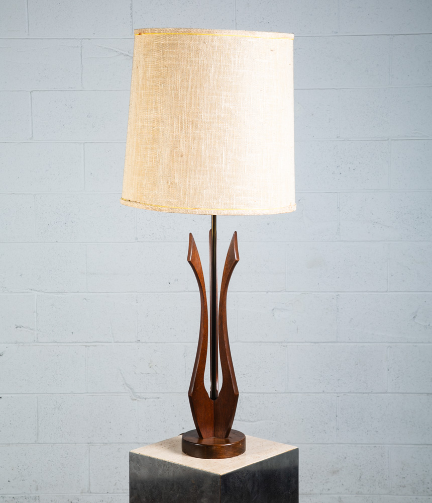 Mid Century Modern Table Lamp Walnut Wood Brass Round Light Sculptural ...