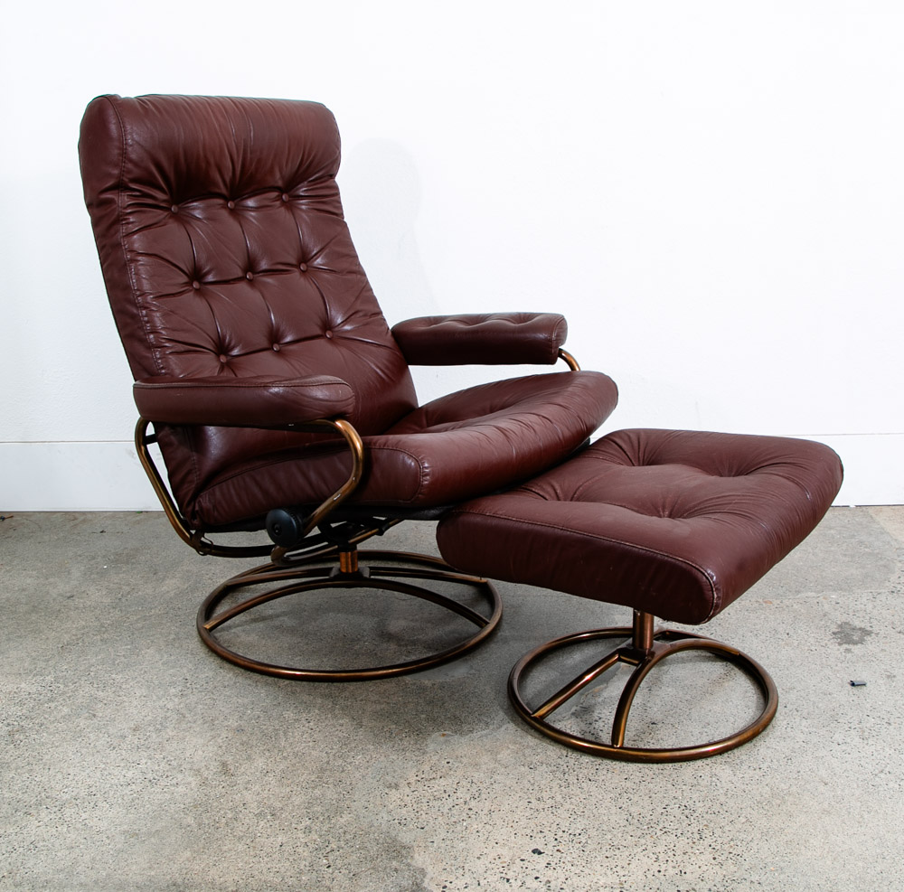 Mid Century Modern Lounge Chair Burgundy Leather Ekornes Recliner Brown ...