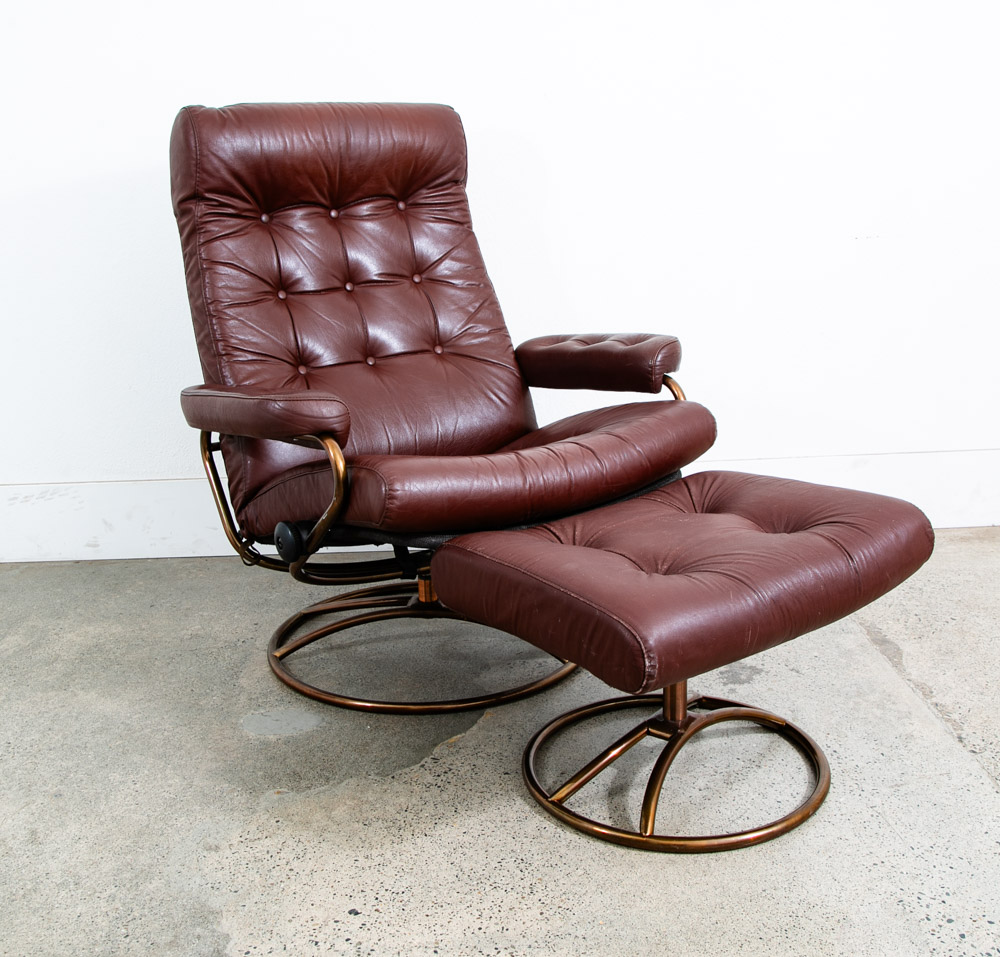 Mid Century Modern Lounge Chair Burgundy Leather Ekornes Recliner Brown ...