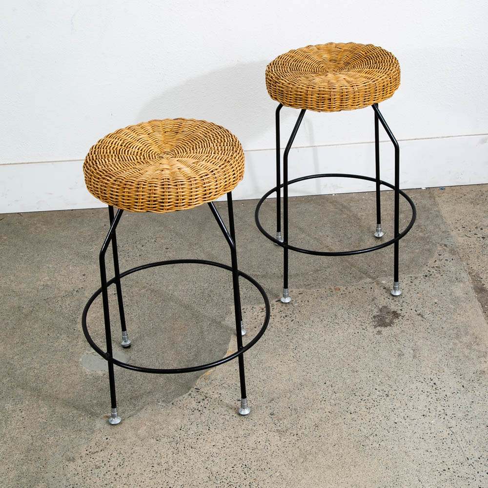 Mid Century Modern Bar Stools Black Wrought Iron Rattan Swivel Weinberg ...