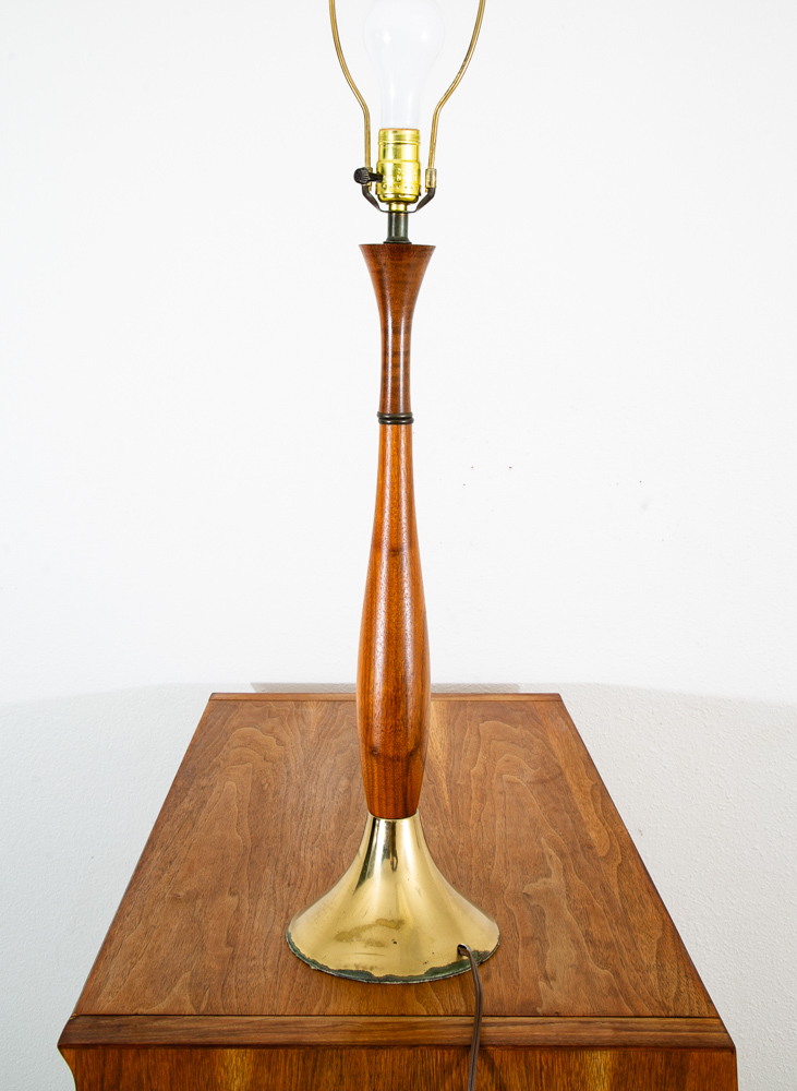 Mid Century Modern Table Lamp Solid Walnut Wood Brass Gold Round Light ...