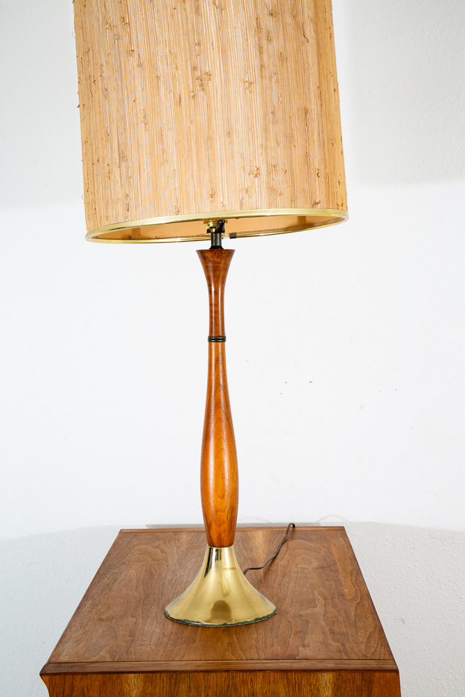 Mid Century Modern Table Lamp Solid Walnut Wood Brass Gold Round Light ...