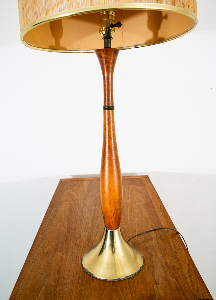 Mid Century Modern Table Lamp Solid Walnut Wood Brass Gold Round Light ...